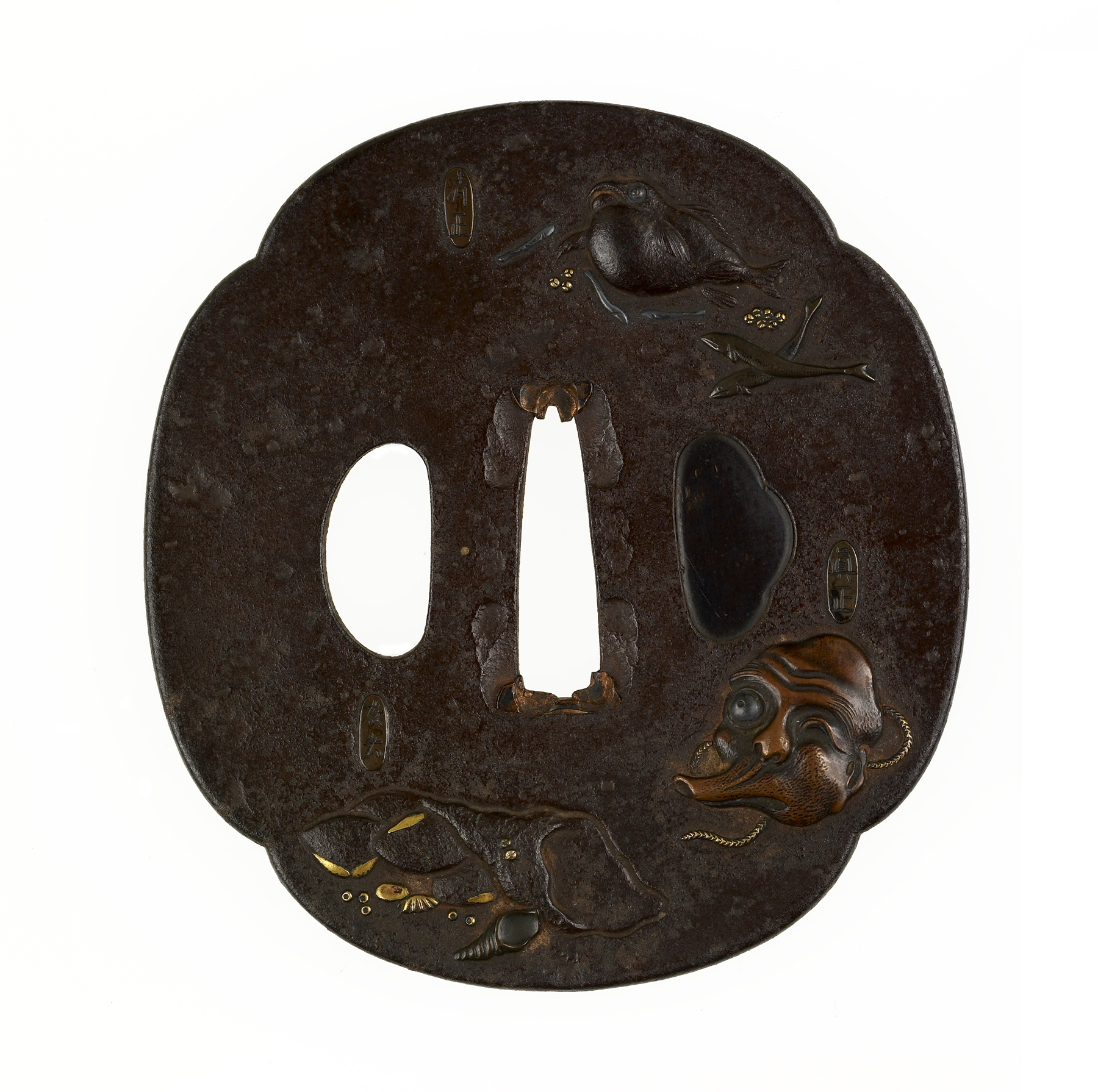 Tsuba with Fish, Shells and Mask | The Walters Art Museum
