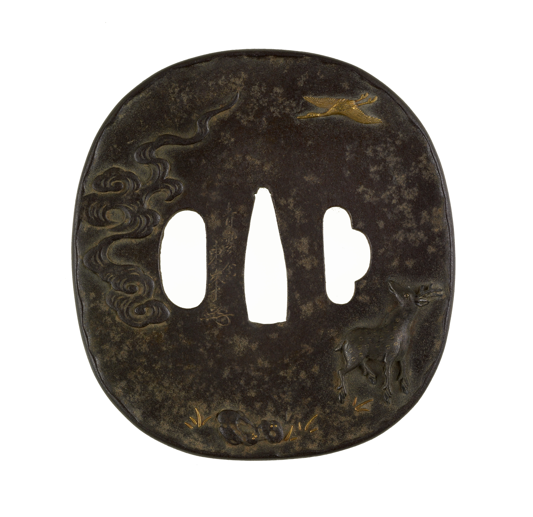 Tsuba with Stag, Crane, Rock, and Fungus | The Walters Art Museum